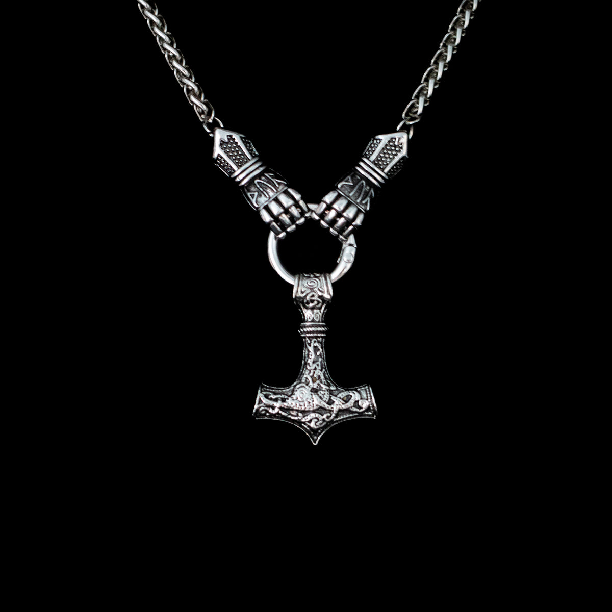 Silver Stainless Large Thor's Hammer & Gauntlets Byzantine Neckl ...